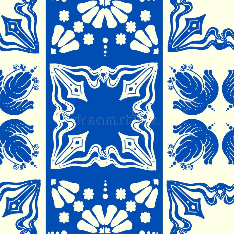 The Blue and White Seamless Pattern Displays Symmetrical Geometric ...