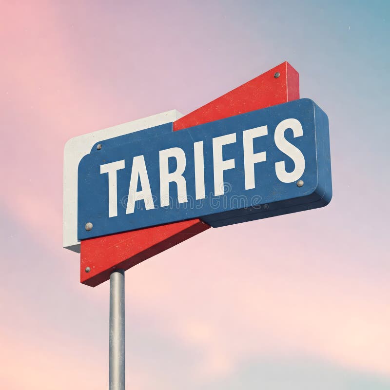 Blue and White Sign Reading TARIFFS with Red and White Accents Against ...