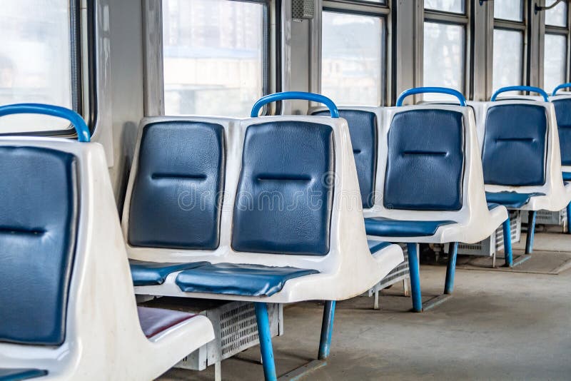 Blue and White Simple Seats in an Empty Train. Horizontal Orientation ...