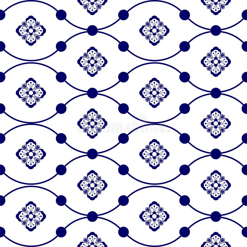 Simple Wave and Flower Porcelain Seamless Pattern Stock Illustration ...