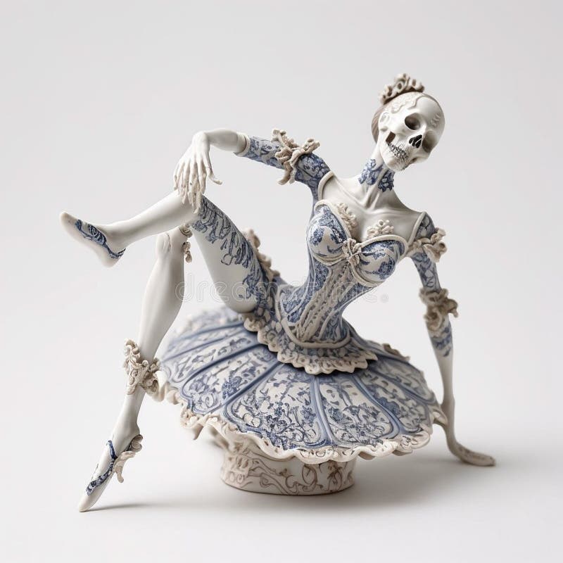 A Blue and White Skeleton Figurine Holds a Vase with Roses on it. Stock ...
