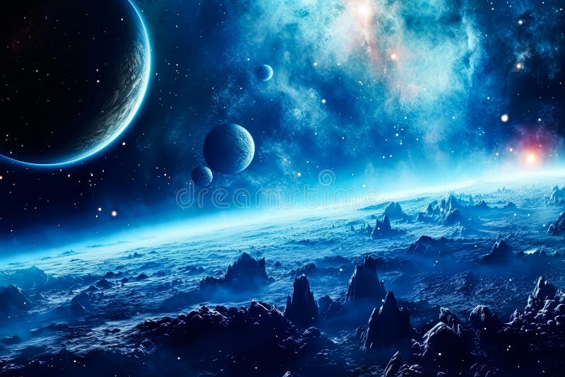 A Blue and White Space with Two Planets and a Lot of Rocks. Stock Photo ...