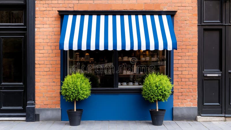 A Blue and White Striped Awning on the Side of a Brick Building Stock ...