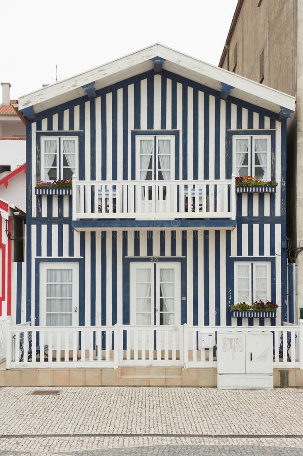 Blue and White Striped House in Costa Nova, Portugal Editorial Photo ...