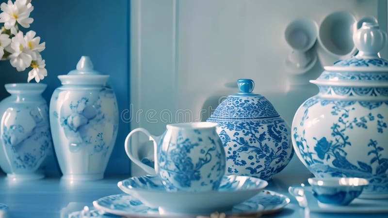 A Blue and White Tea Set Displayed on a Table, Experiment with ...