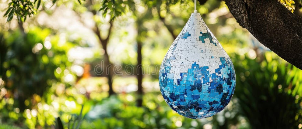 A Blue and White Teardrop-shaped Ornament Hangs from a Tree Branch in a ...