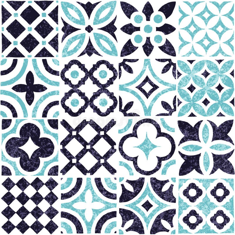 Blue and White Tile Seamless Pattern. Patchwork Grunge Ornament. Vector Illustration Stock ...