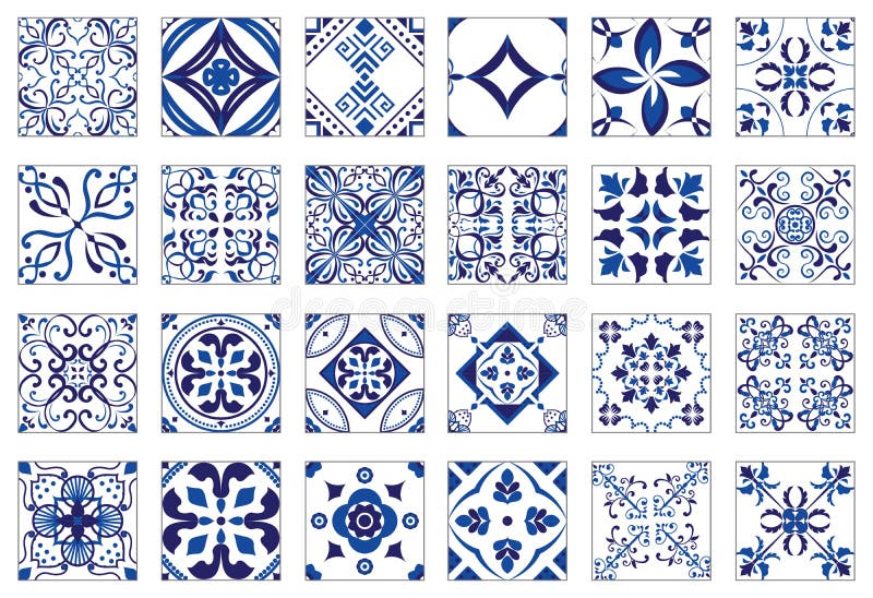 Blue and White Tile. Seamless Patterns Set Stock Vector - Illustration ...