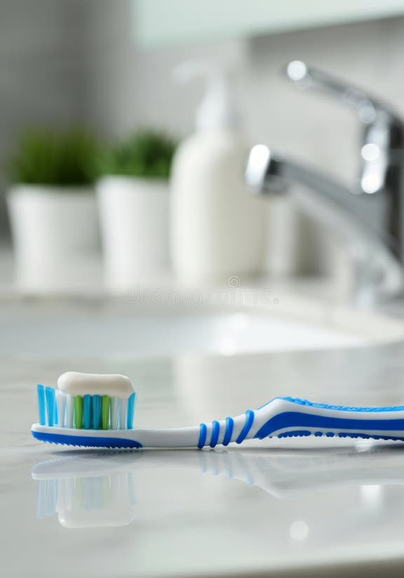 Blue and White Toothbrush with Toothpaste on Marble Bathroom Counter ...