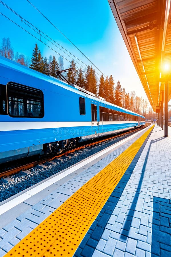 A Blue and White Train Pulling into a Train Station Stock Image - Image ...