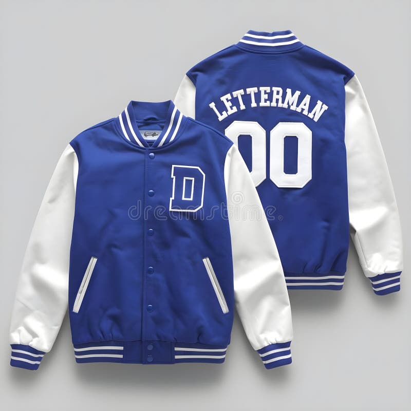 Blue and White Varsity Jacket with Letterman Patch and Number Stock ...