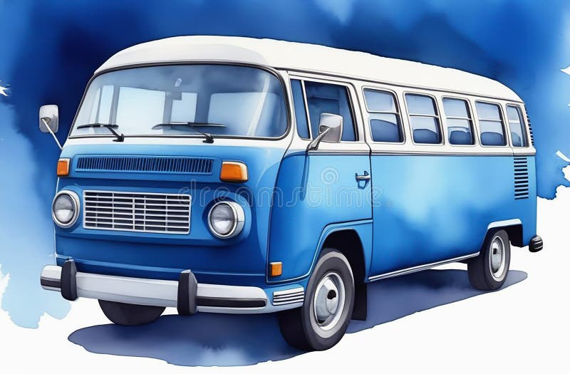Blue and White Watercolor Drawing of a Bus Stock Illustration ...