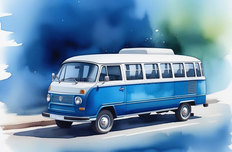 Blue and White Watercolor Drawing of a Bus Stock Illustration ...