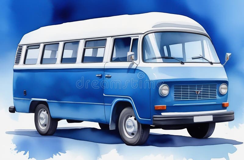 Blue and White Watercolor Drawing of a Bus Stock Illustration ...