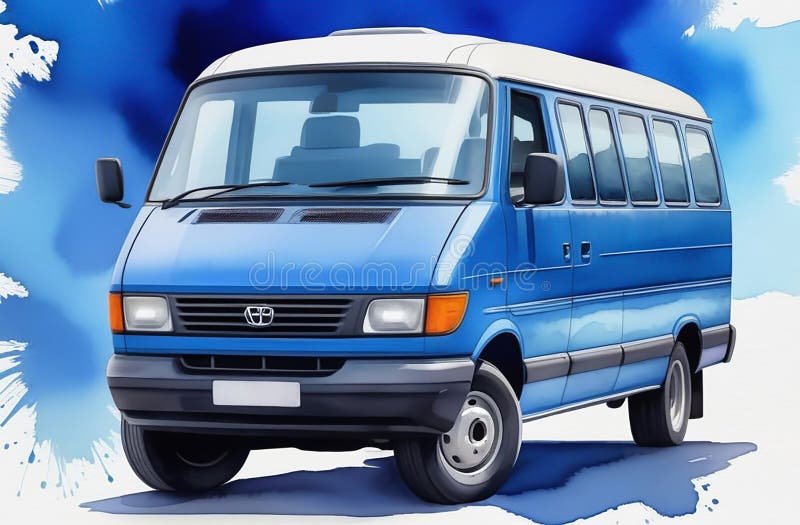 Blue and White Watercolor Drawing of a Bus Stock Illustration ...