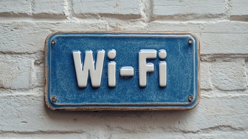 Blue Wi-Fi Sign Mounted on a White Brick Wall. Stock Image - Image of ...