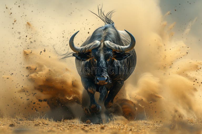 Blue Wildebeest Running through Dust Clouds in a Dynamic Scene Stock ...