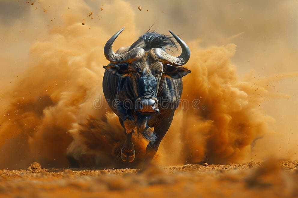 Blue Wildebeest Running through Dust Clouds in a Dynamic Scene Stock ...