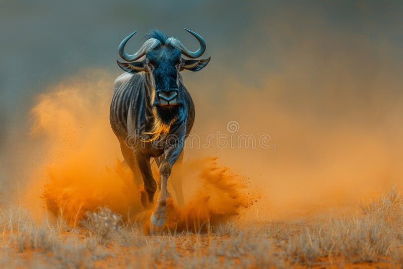 Blue Wildebeest Running through Dust Clouds in a Dynamic Scene Stock ...