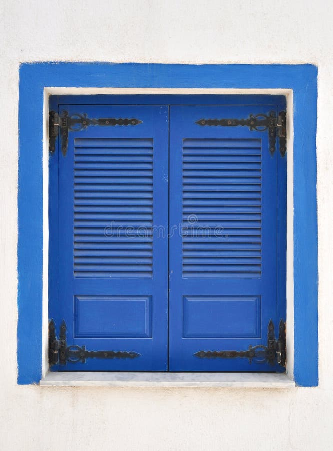 Blue Wooden Shuttered Window with Blue Frame and Whitewashed Greek Wall ...
