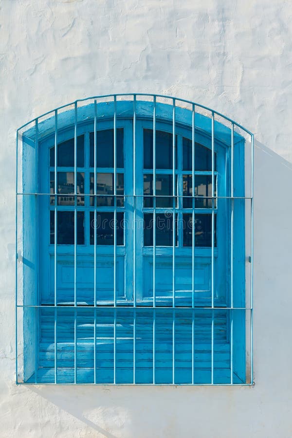 Blue Window with Metal Bars Stock Illustration - Illustration of glass ...
