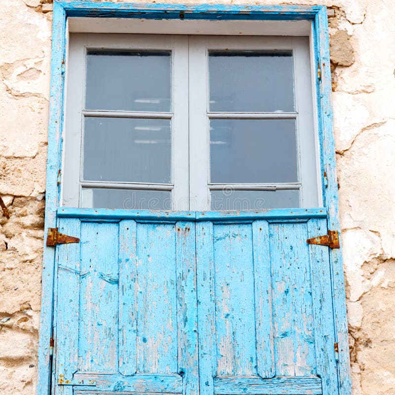 Blue Window in Morocco Africa Old Construction and Brown Wall C Stock ...