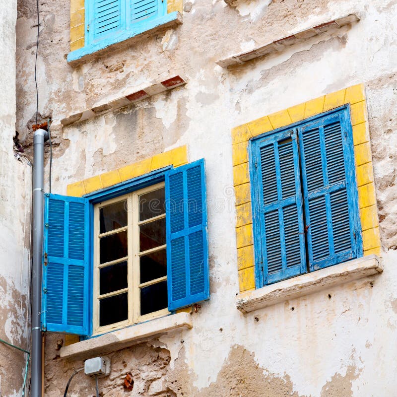 Blue Window in Morocco Africa Old Construction and Brown Wall C Stock ...