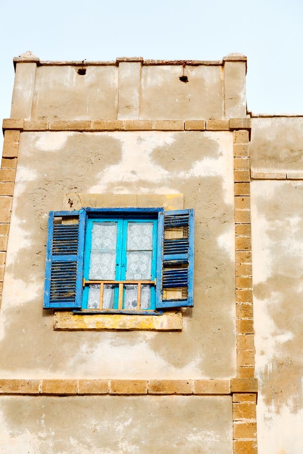 Blue Window in Morocco Africa Old Construction and Brown Wall C Stock ...