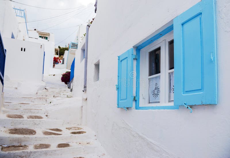 Blue Window at Mykonos Street Stock Photo - Image of tree, greek: 61881752
