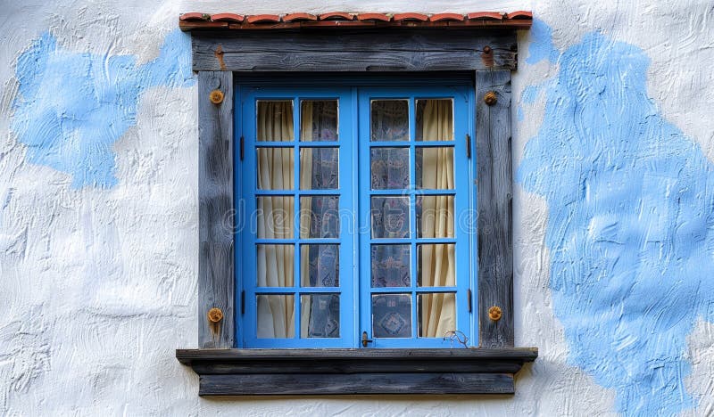 A Blue Window with White Curtains and a Blue Wall Behind it Stock Photo ...