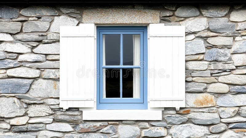 A Blue Window with White Shutters on a Stone Wall. Stock Image - Image ...