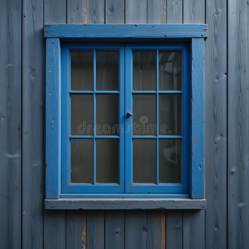 Blue Window on Wooden Wall Square Rustic Design Stock Image - Image of ...