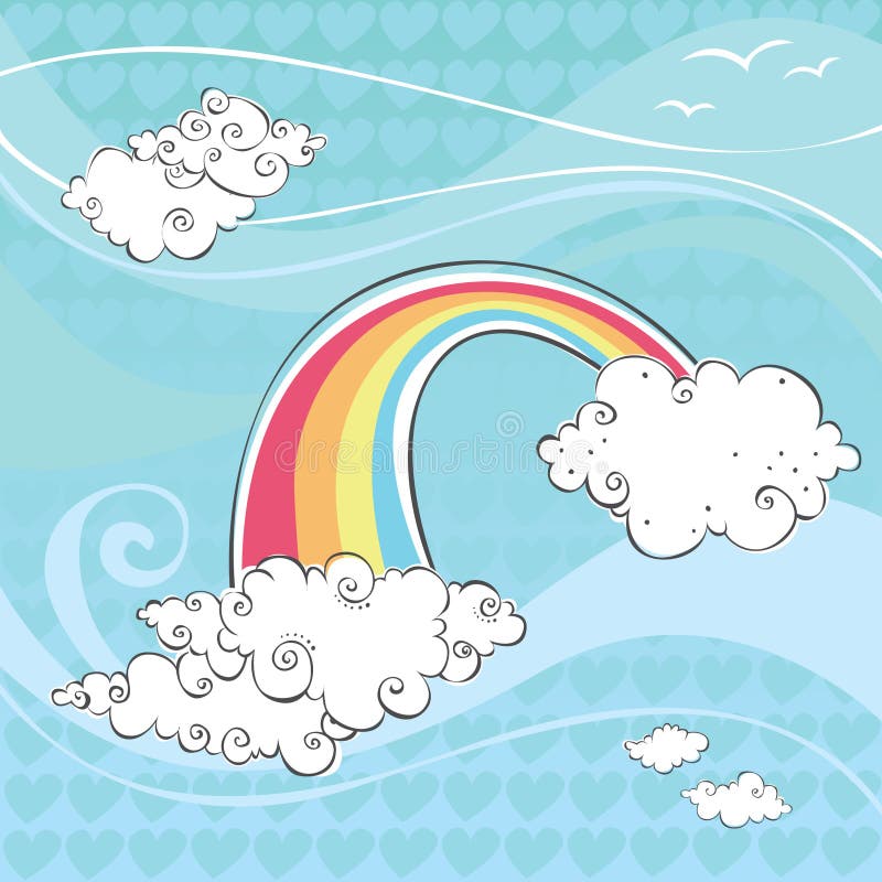 Blue Windy Sky With Swirls, Clouds And A Rainbow Stock Illustration - Illustration of cloud ...
