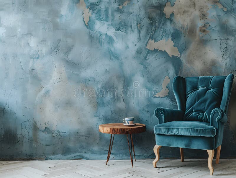 Blue Wing Chair and Round Side Table Against Stucco Wall Stock ...