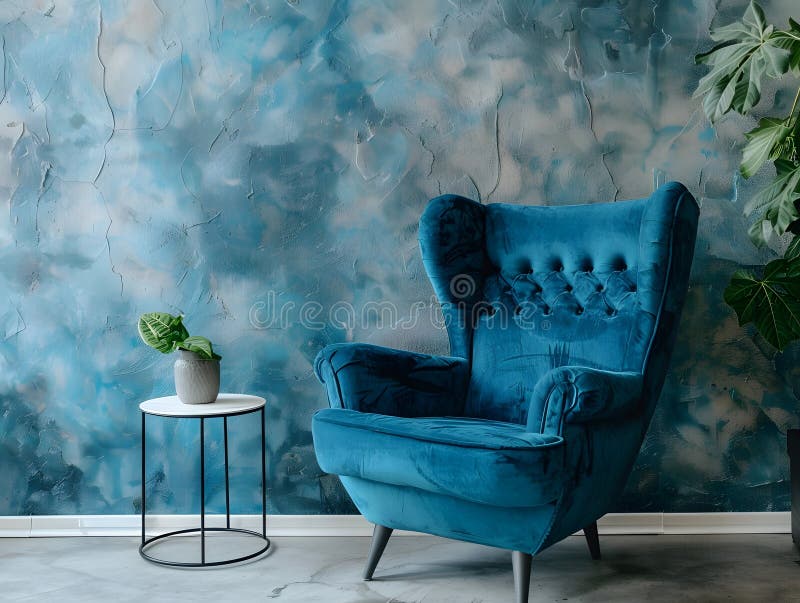 Blue Wing Chair and Round Side Table Against Stucco Wall Stock ...