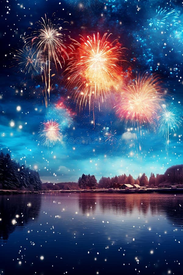Blue Winter Bright Night Sky with Fireworks Stock Illustration ...
