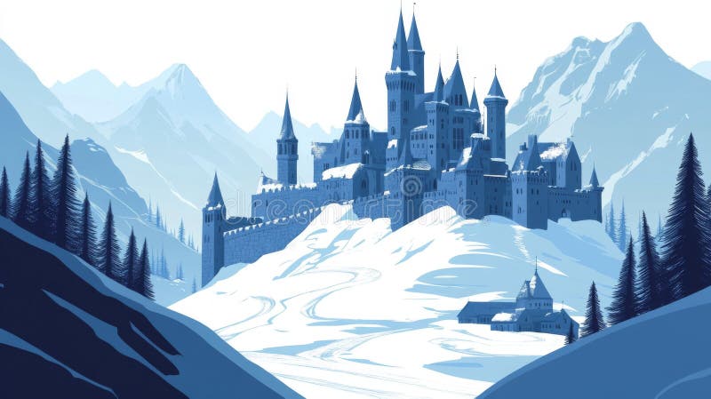 Blue Winter Castle Amidst Snowy Mountains Stock Illustration ...