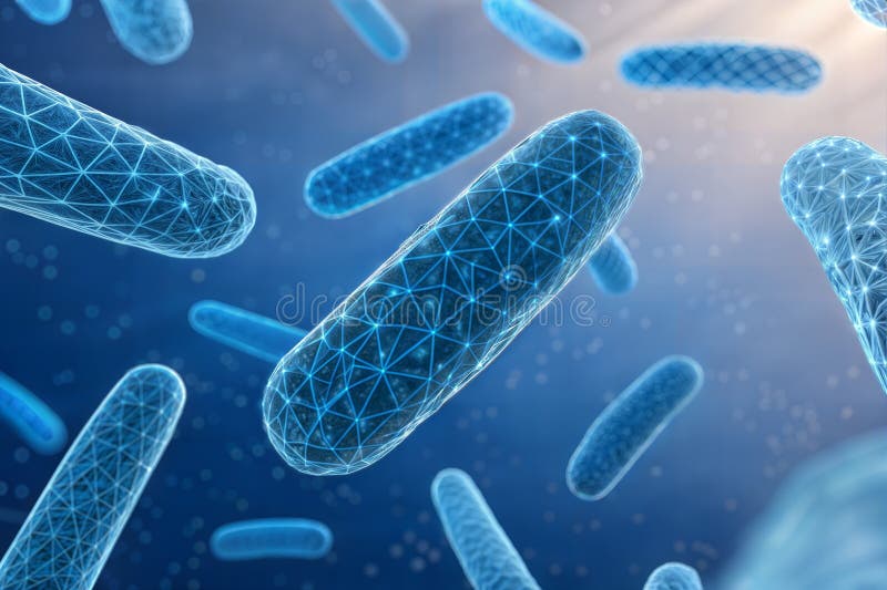 Blue Wireframe Bacteria Cell Render, Abstract Microbiology Organisms ...