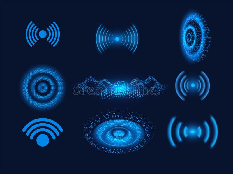 Blue Wireless Communication Waves in Vector Set. Isolated Background ...