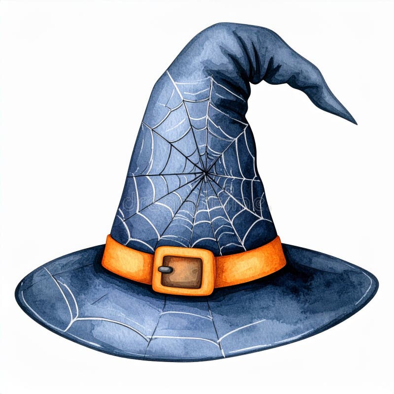 Blue Witch Hat with Spiderweb Watercolor Illustration Stock ...