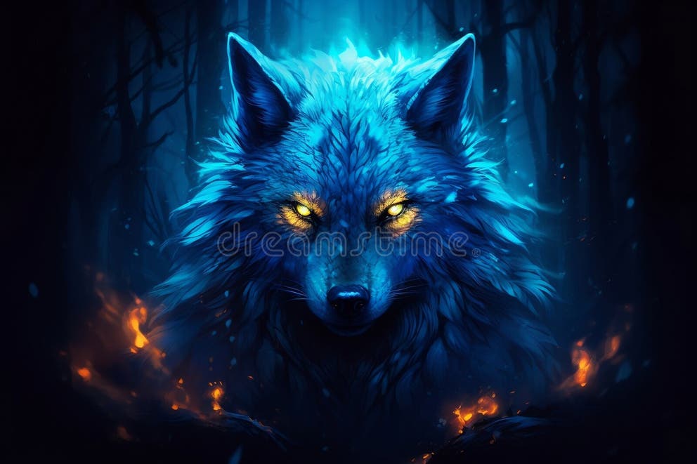 Blue Wolf with Glowing Eyes. AI Stock Illustration - Illustration of ...