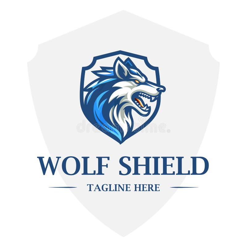 Blue Wolf Head Logo Template with Shield Shape Vector Illustration ...