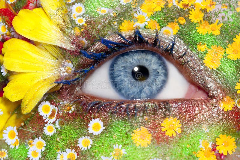Blue Woman Eye Makeup Spring Flowers Metaphor Stock Photo - Image of ...