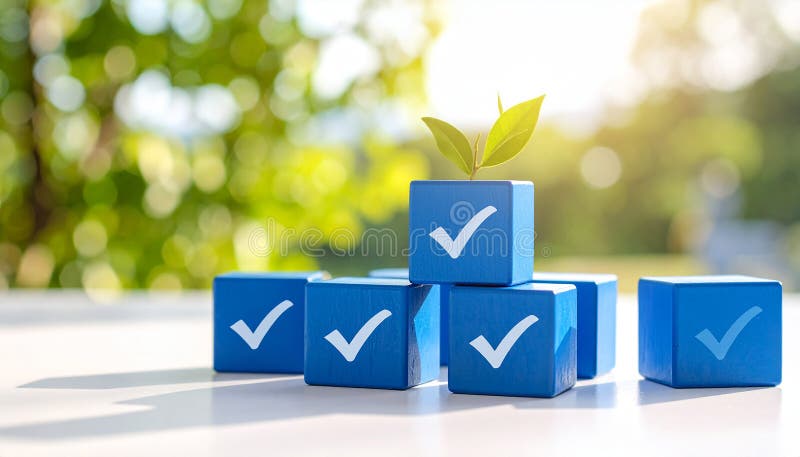 Approved. Blue Wooden Cubes with Check Marks on White Table Outdoors ...