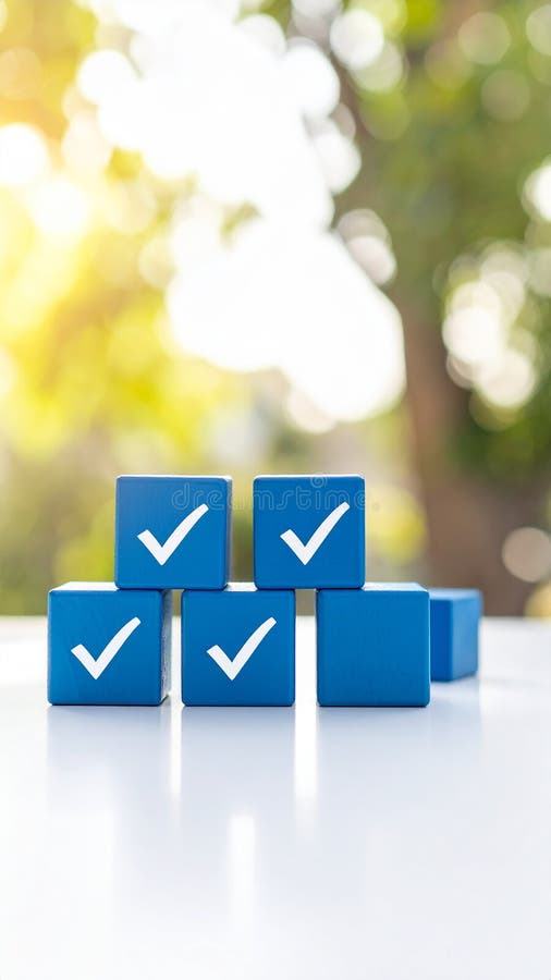 Approved. Blue Wooden Cubes with Check Marks on White Table Outdoors ...