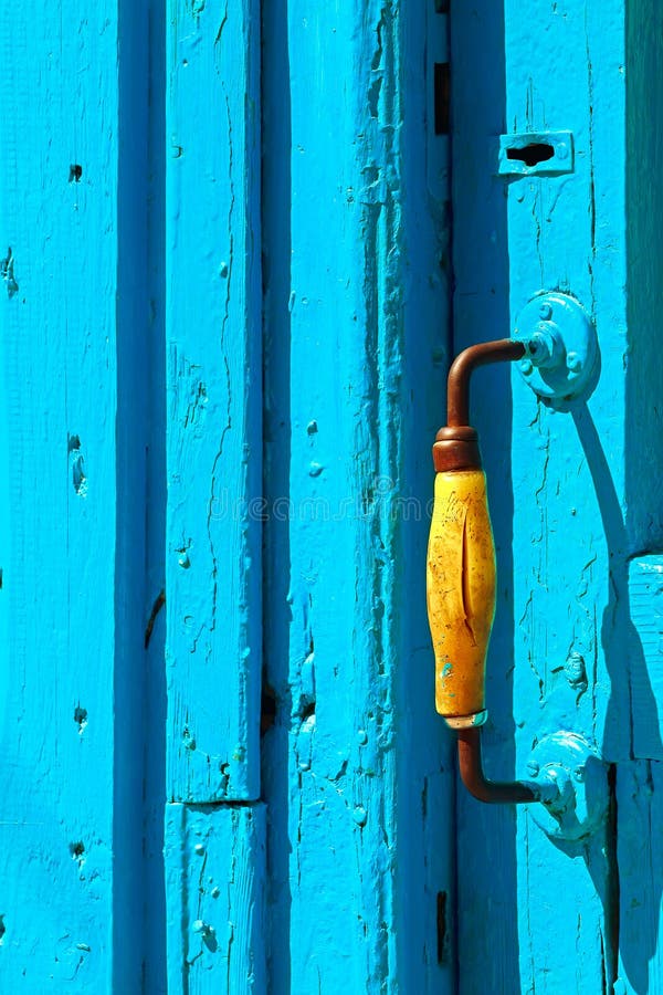 Blue Wooden Door and Yellow Handle Stock Photo - Image of decorative ...