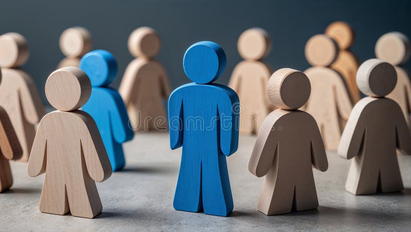 Blue Wooden Figure Standing Out from Crowd of Unpainted Wooden Figures ...