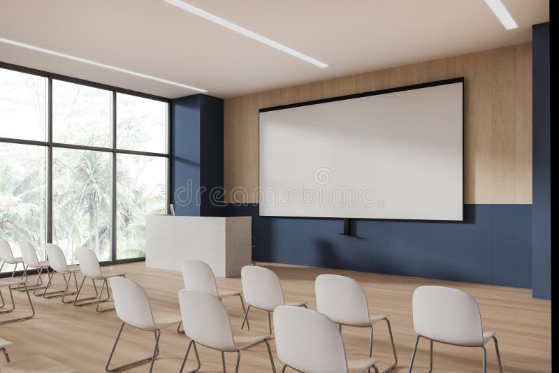 Blue and Wooden Lecture Hall Corner with Projection Screen Stock ...