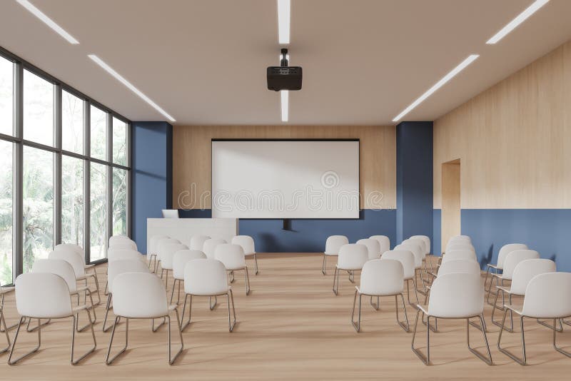 Blue and Wooden Lecture Hall Interior with Projection Screen Stock ...