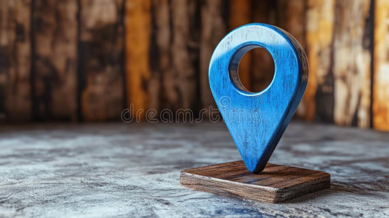 Blue Wooden Location Pin on Rustic Wooden Surface Stock Illustration ...